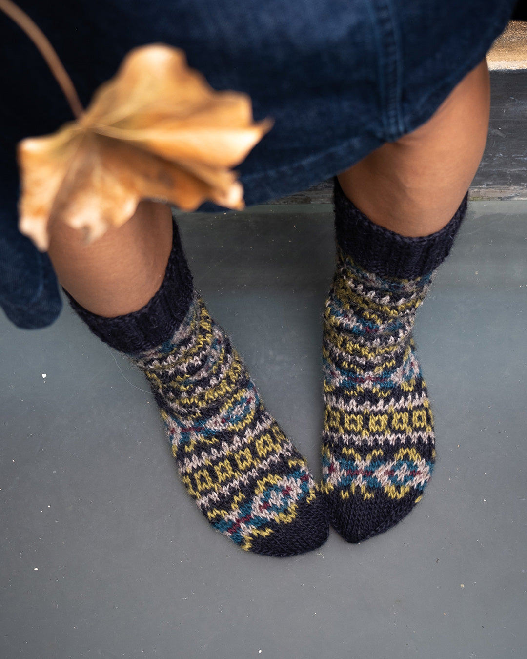Isla Fair Isle Knitted Wool Socks | Navy Multicoloured | by BIBICO