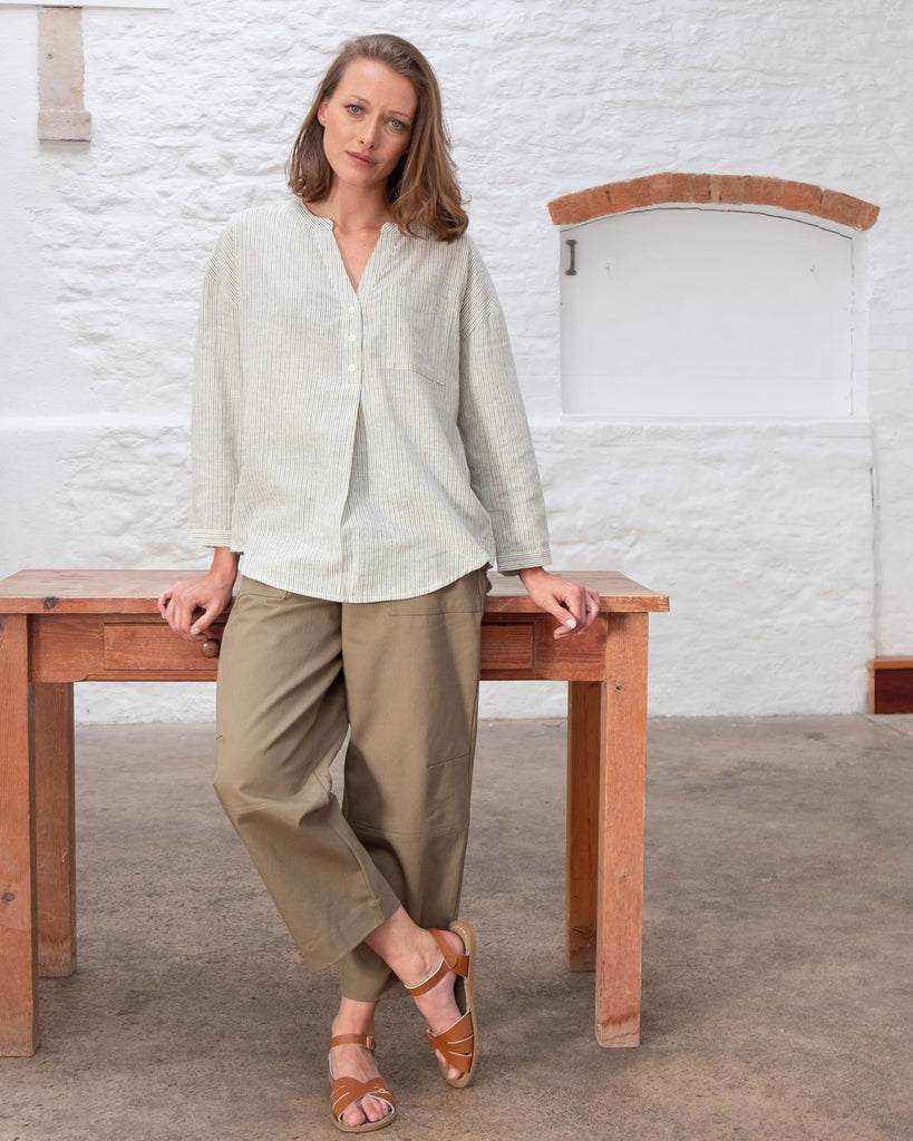 Petra Striped Collarless Cotton Blouse | By BIBICO