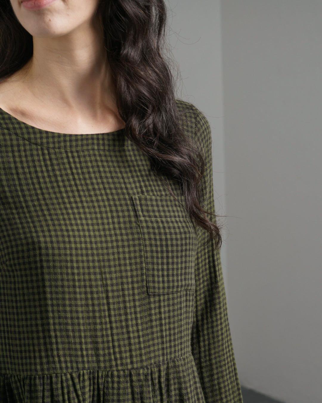 Orla Day Dress – Olive & Black Checked Cotton Dress with Chest & Side ...