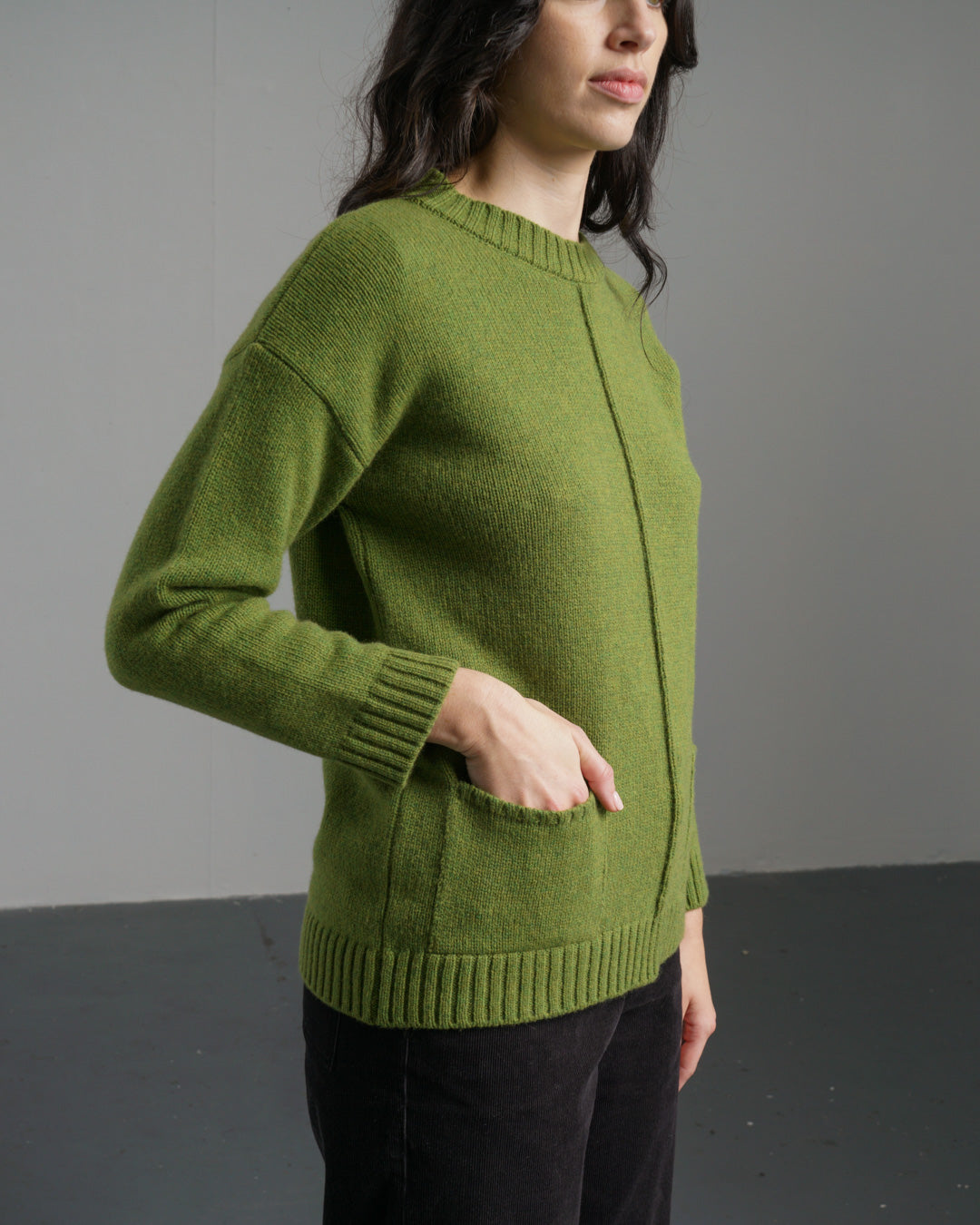 Aime Jumper – Moss Green Lambswool Jumper with Patch Pockets & Piped ...