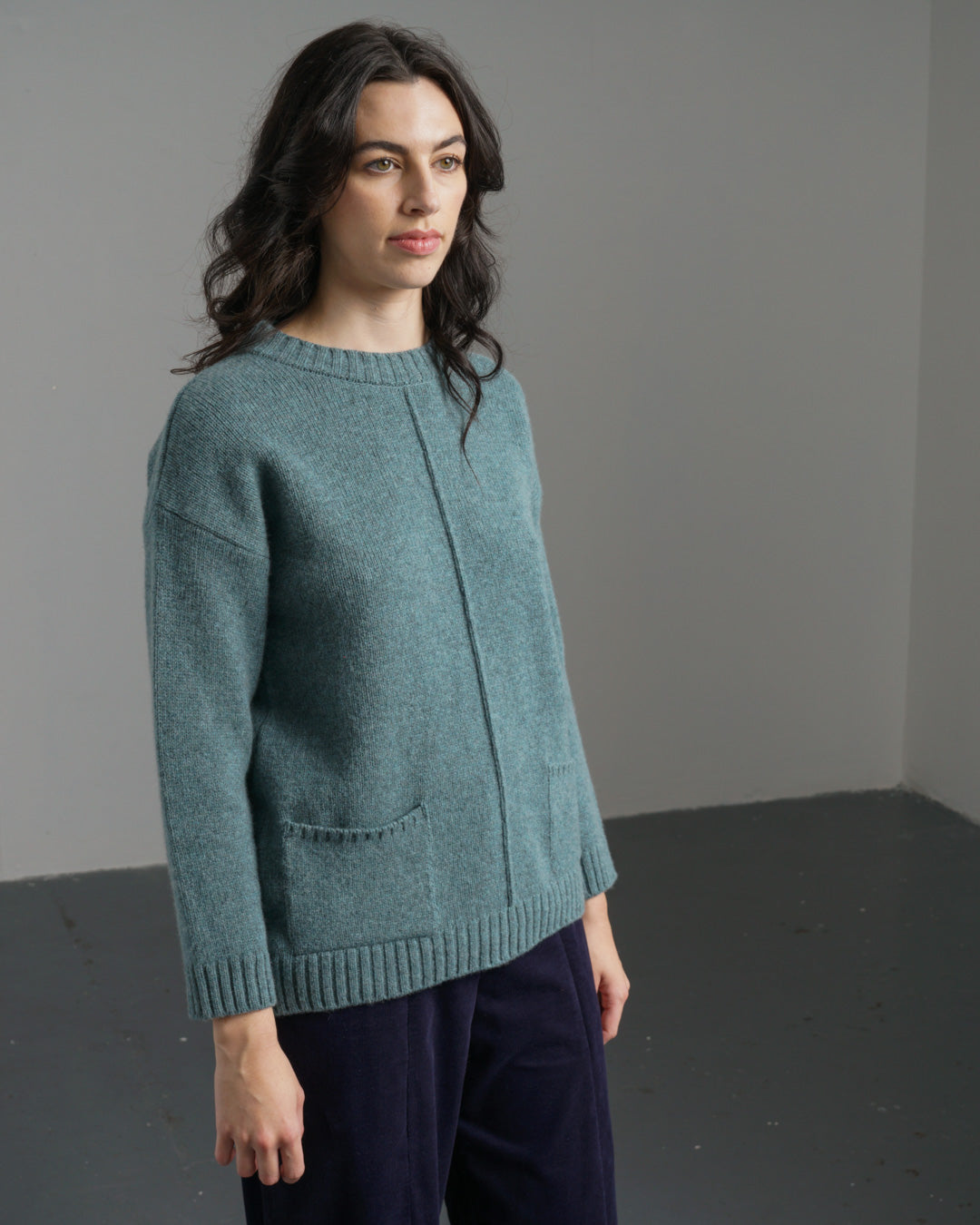 Aime Jumper – Light Blue Lambswool Jumper with Patch Pockets & Piped ...