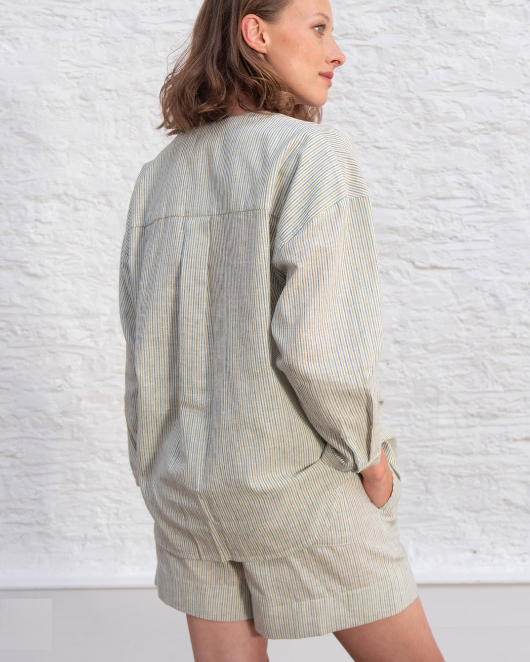 Petra Striped Collarless Cotton Blouse | By BIBICO
