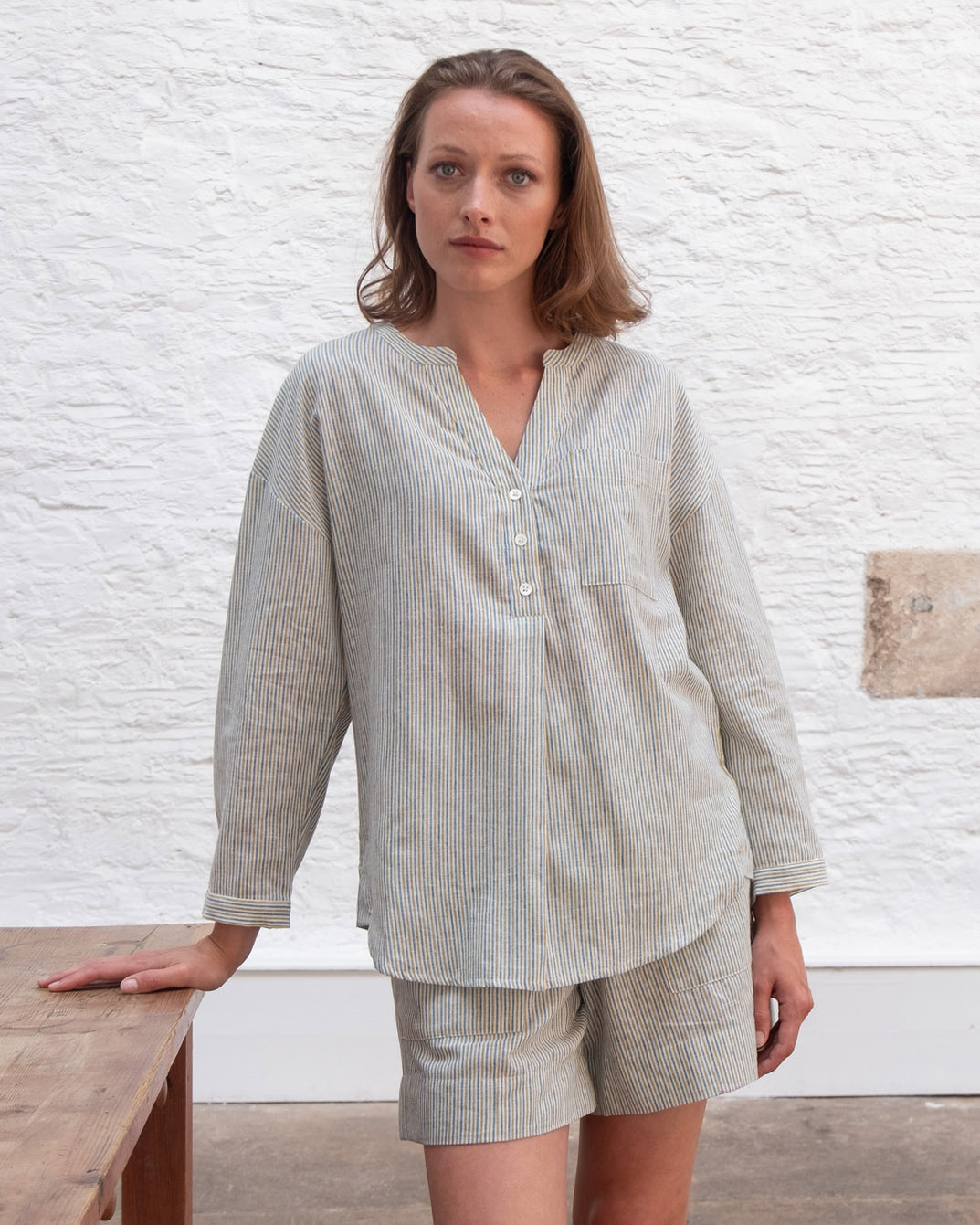 Petra Striped Collarless Cotton Blouse | By BIBICO