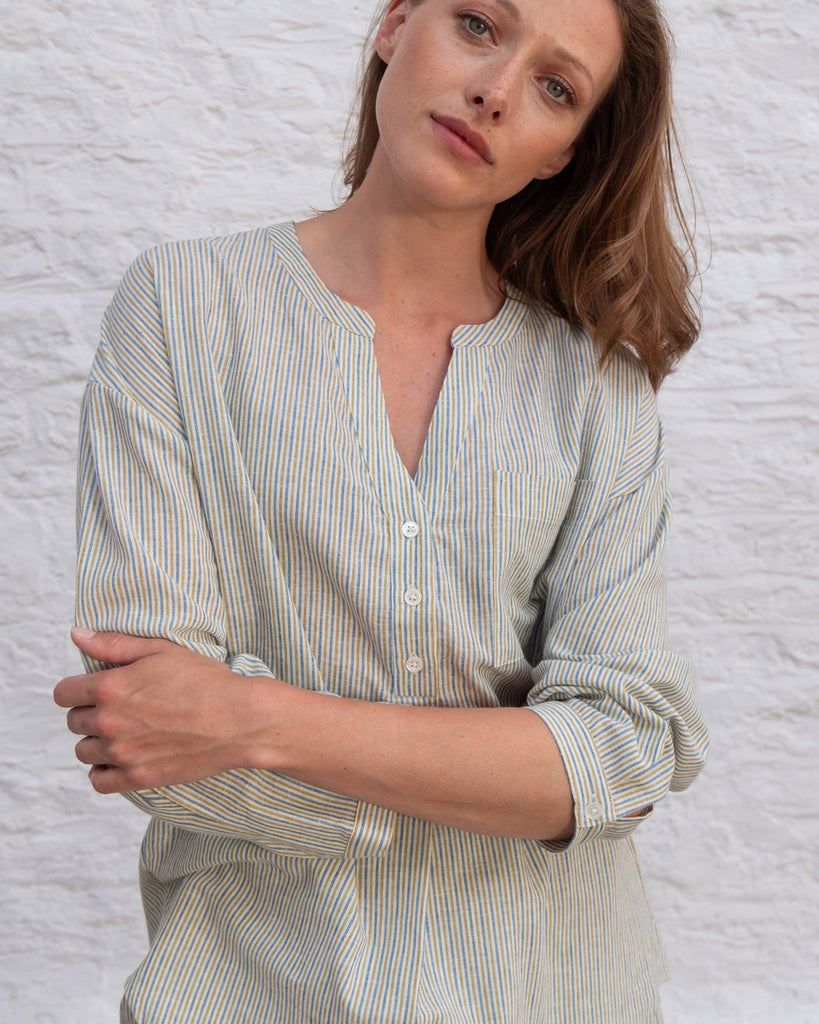 Petra Striped Collarless Cotton Blouse | By BIBICO
