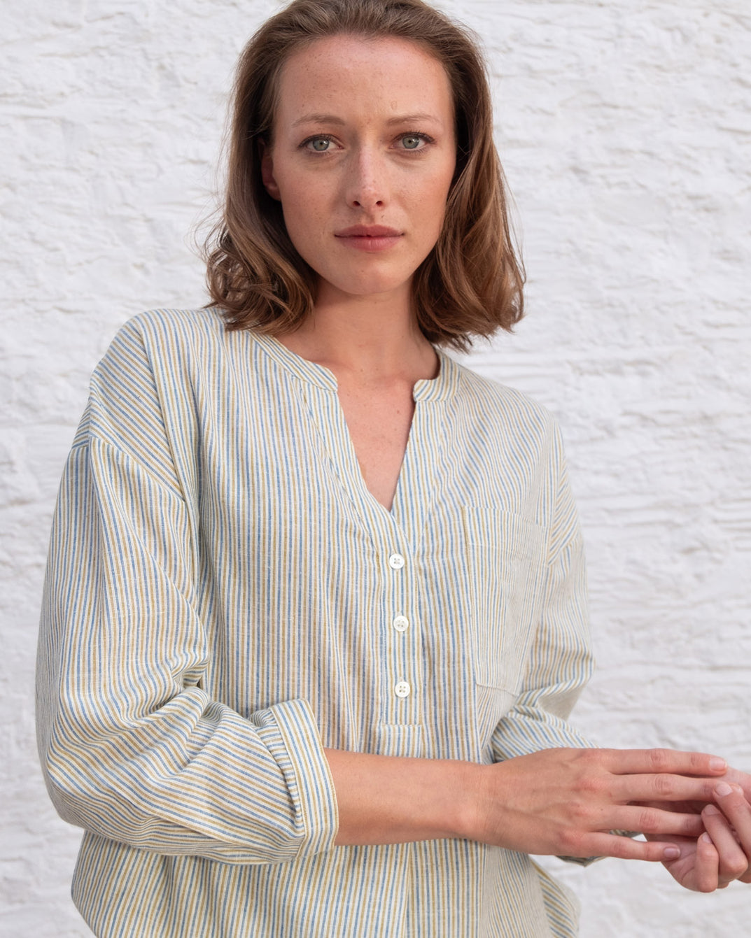 Petra Striped Collarless Cotton Blouse | By BIBICO